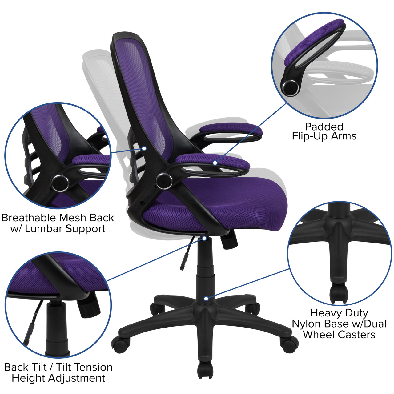 44" Black & Purple High Back Ergonomic Swivel Office Chair with Flip-Up ...
