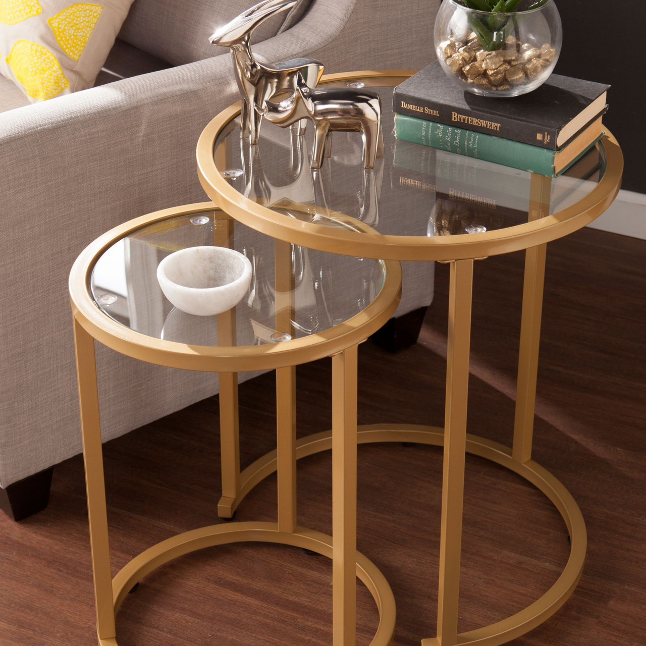 2pc Gold Round Glass Top Nesting Side Table Set 23" | Christmas Central