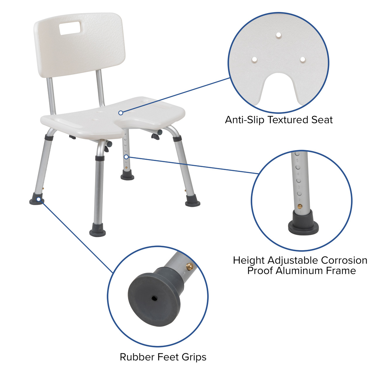 33.75" White Adjustable Bath & Shower Chair with U-Shaped Cutout ...
