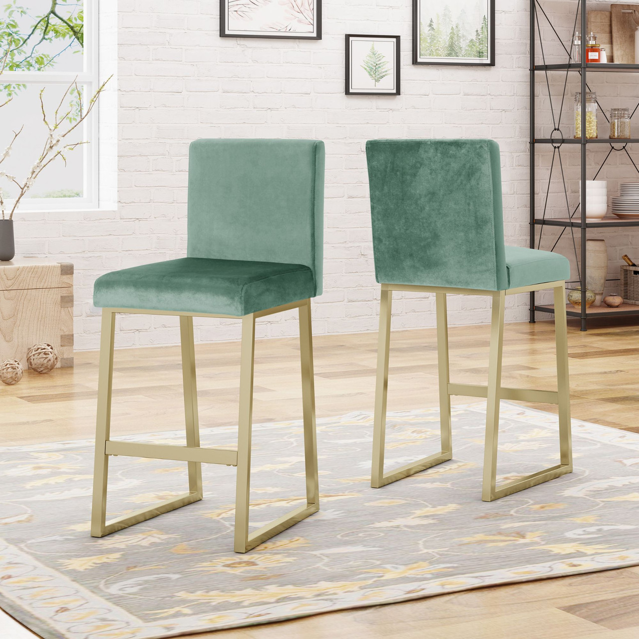 Set of 2 Mint Green & Gold Contemporary Bar Stools 40" | Christmas Central