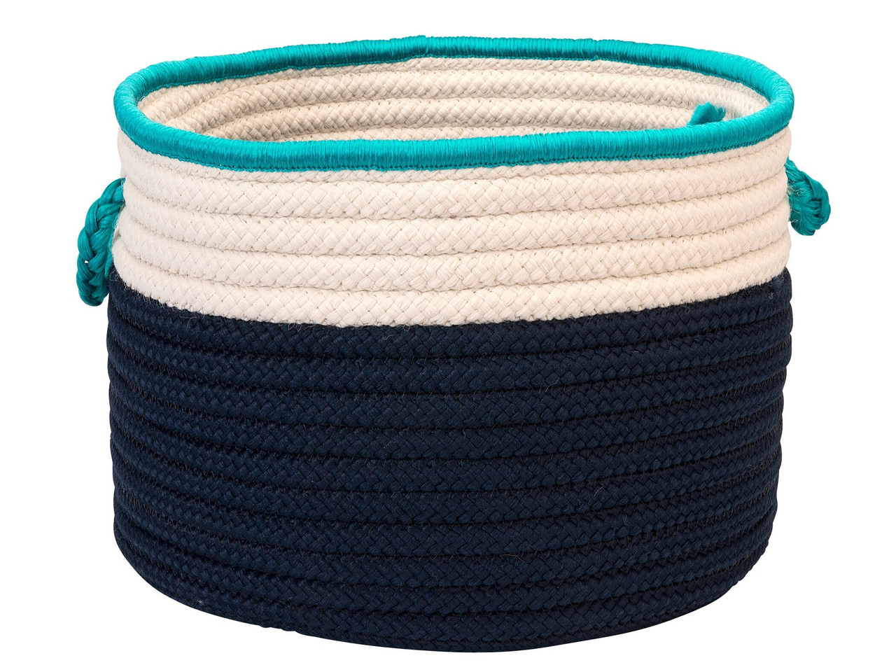 14" Navy & Turquoise Blue Modern Round Braided Storage Basket ...