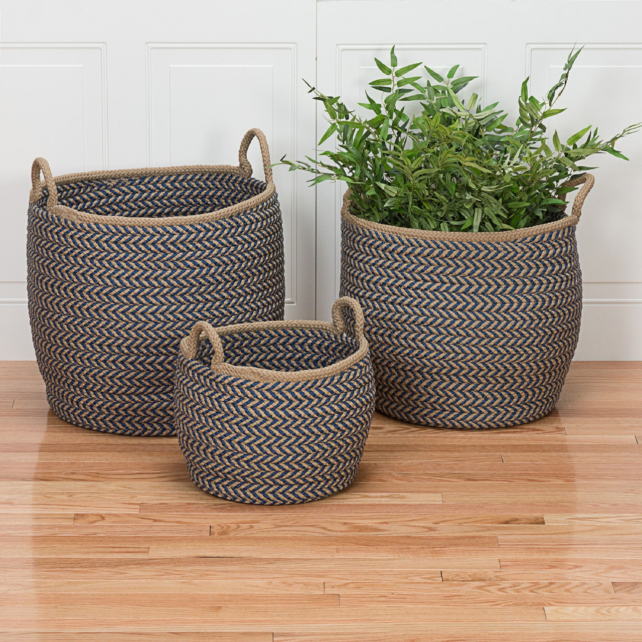 15" Beige & Blue Handcrafted Round Braided Basket | Christmas Central