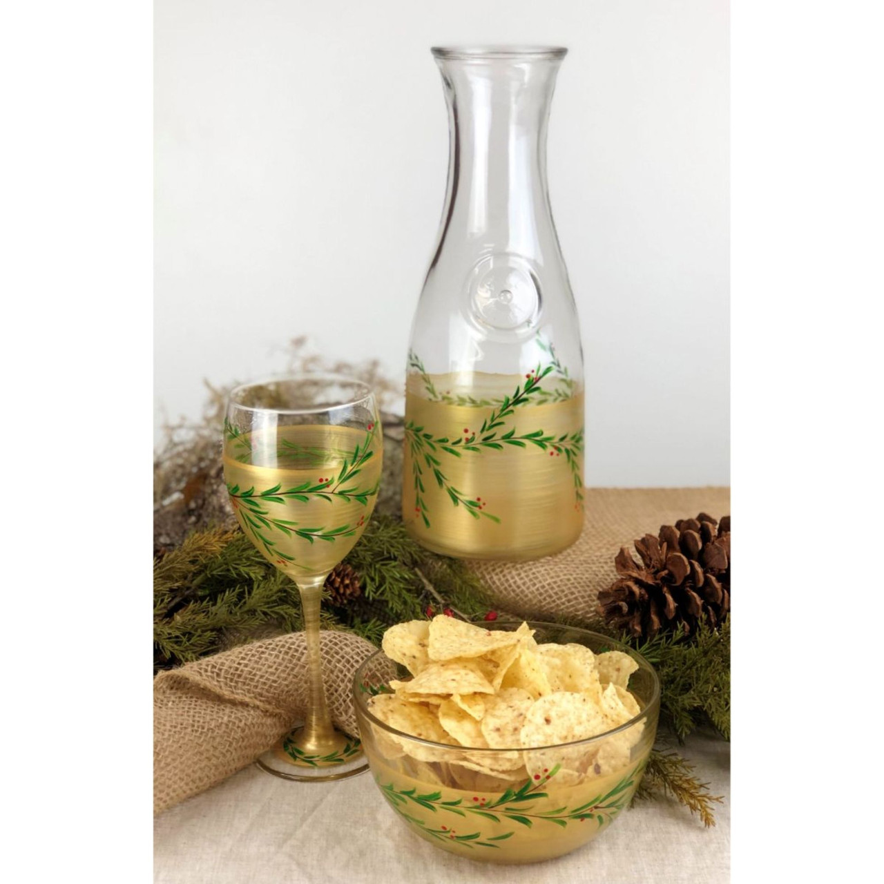 11" Gold Christmas Garland Hand Painted Glass Beverage Serving Carafe ...