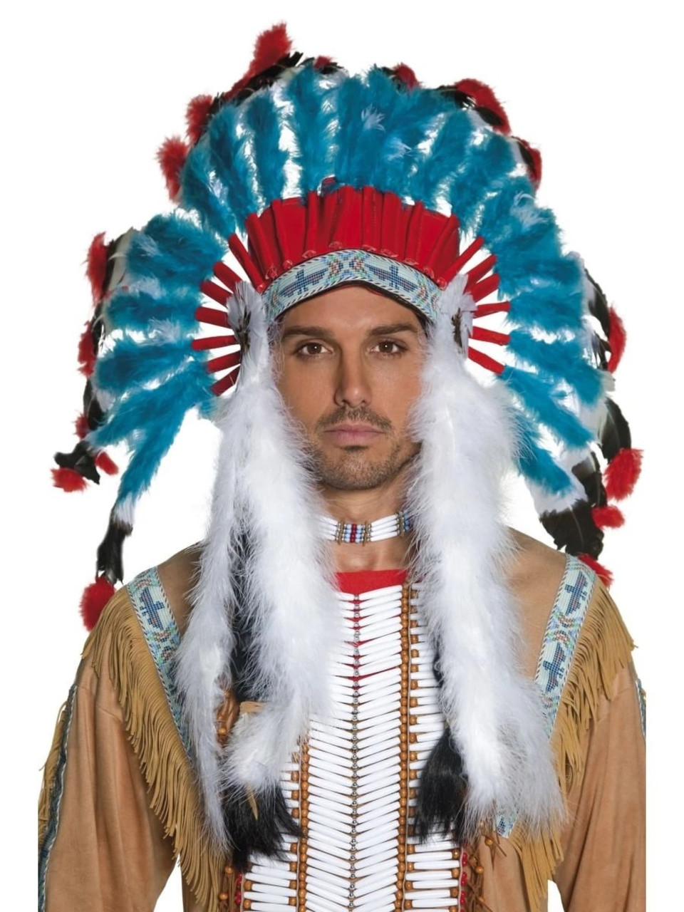 51" Blue & Red Native American Men Adult Halloween Headdress Costume ...