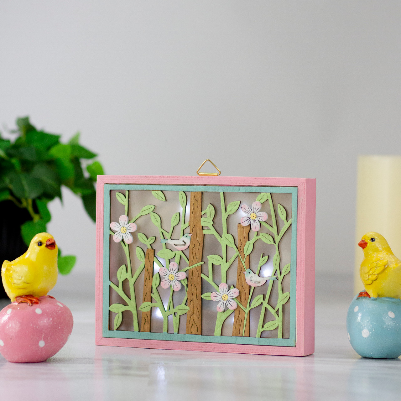 7" Spring Songbird Wooden Green & Pink LED Hanging Shadow Box ...