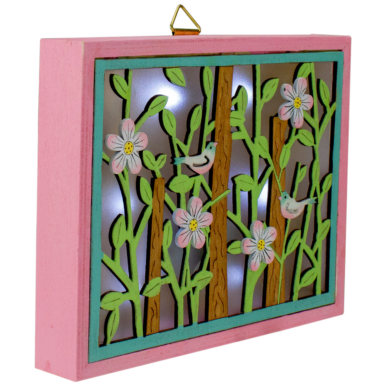 7" Spring Songbird Wooden Green & Pink LED Hanging Shadow Box ...