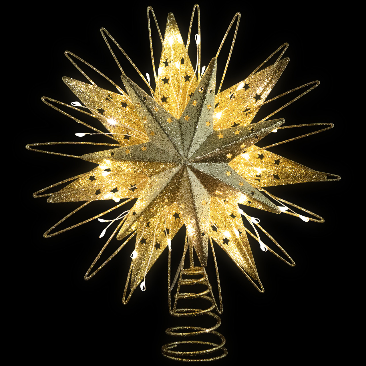 LED Lighted Glittered Starburst Christmas Tree Topper - 13" - Gold ...