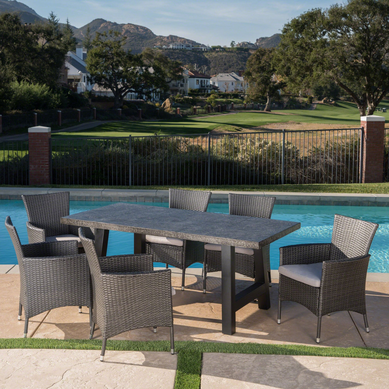 7-Piece Gray Finish Rectangular Outdoor Furniture Patio Dining Set ...