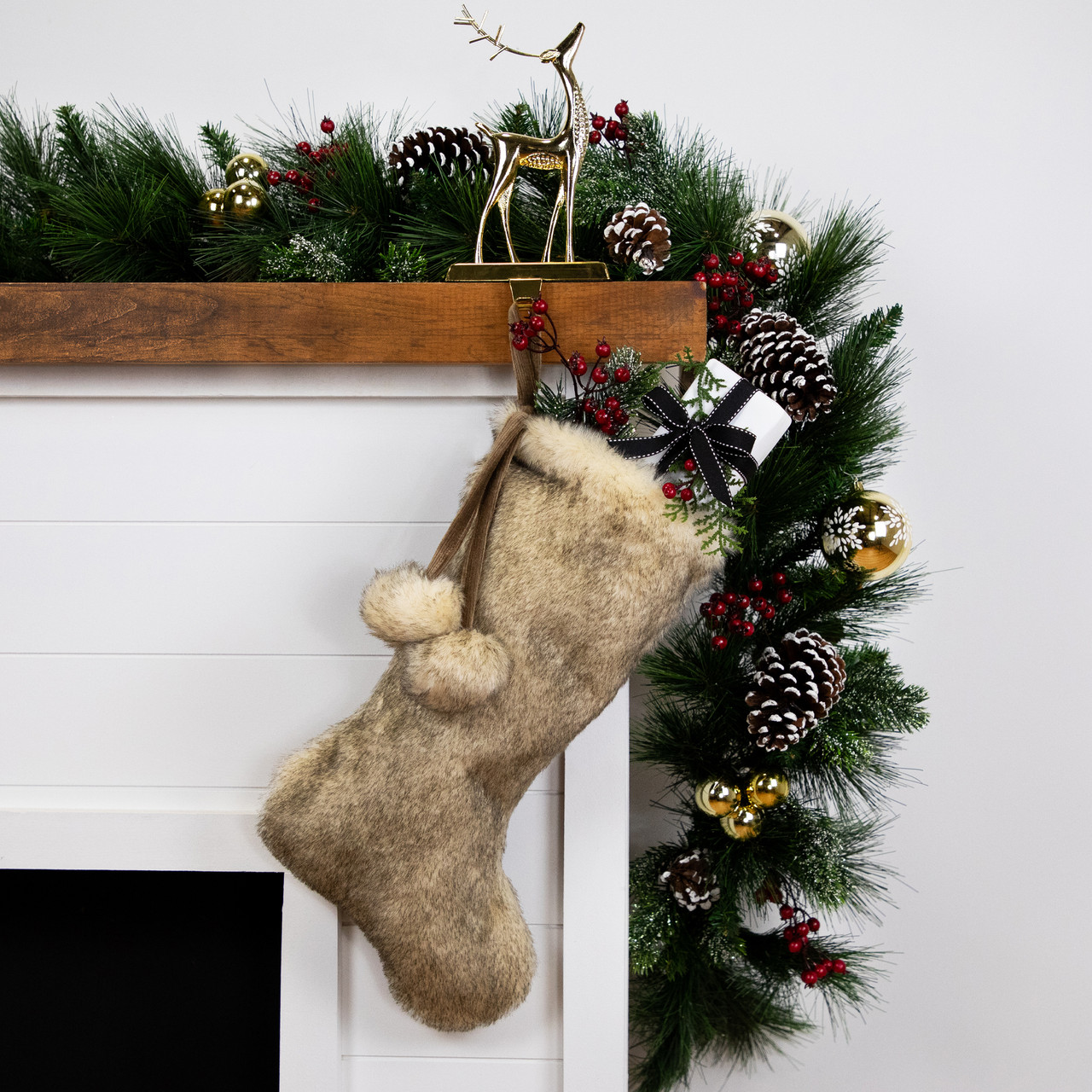Faux Fur Christmas Stocking with Pom Poms - 20.5" - Beige & Brown ...