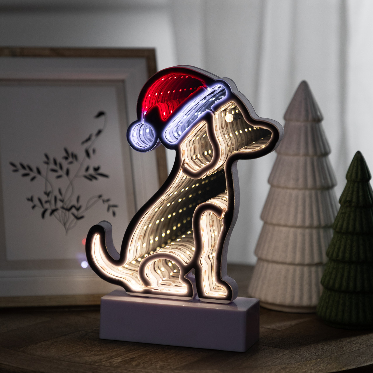 LED 3D Christmas Dog with Santa Hat Tunnel Light - 8" | Christmas Central