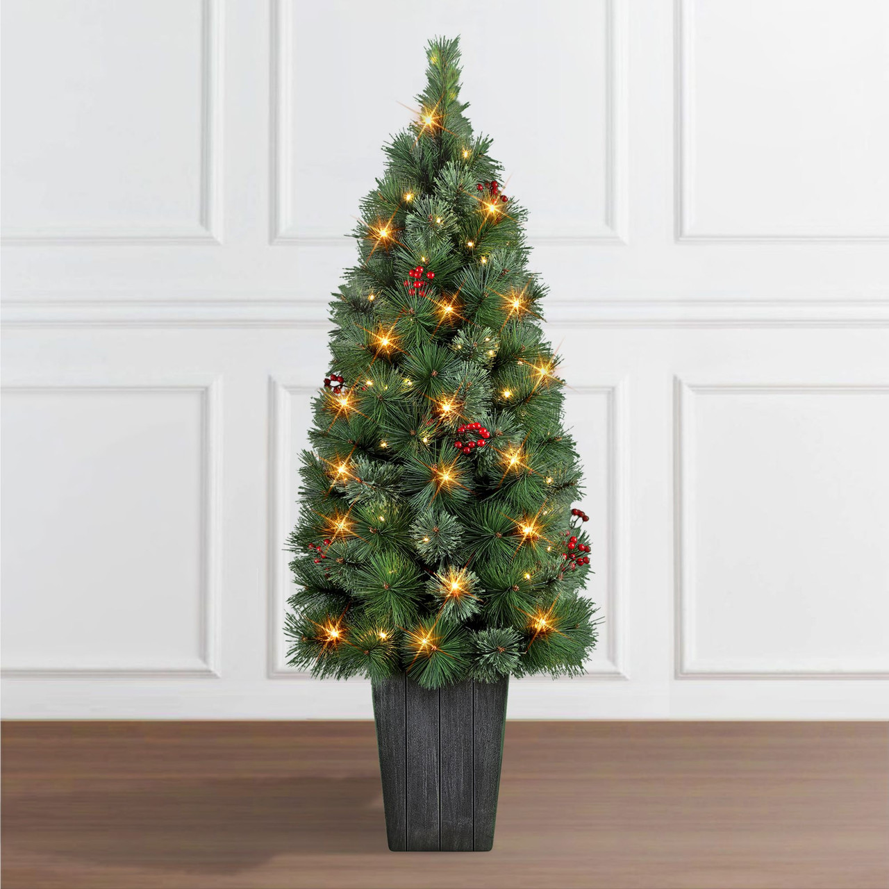 Pre-lit Potted Cascade Pine Artificial Christmas Tree - 4’ - Warm White ...