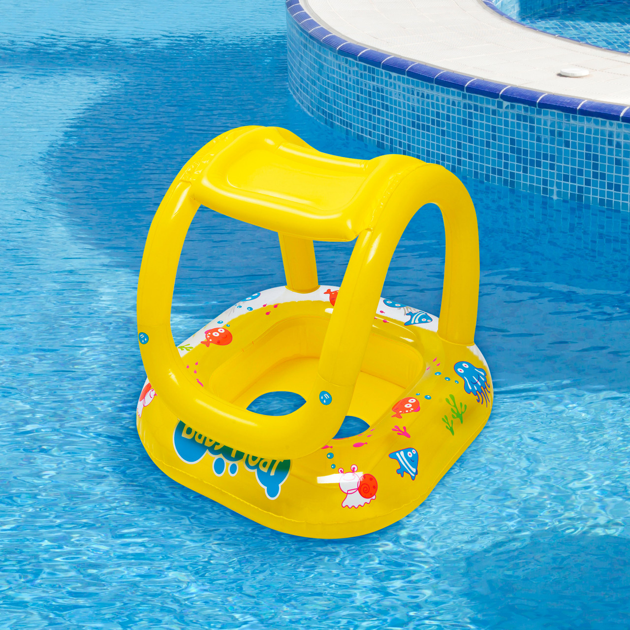 Inflatable Yellow Sea Life Baby Swimming Pool Boat Float with Sunshade ...