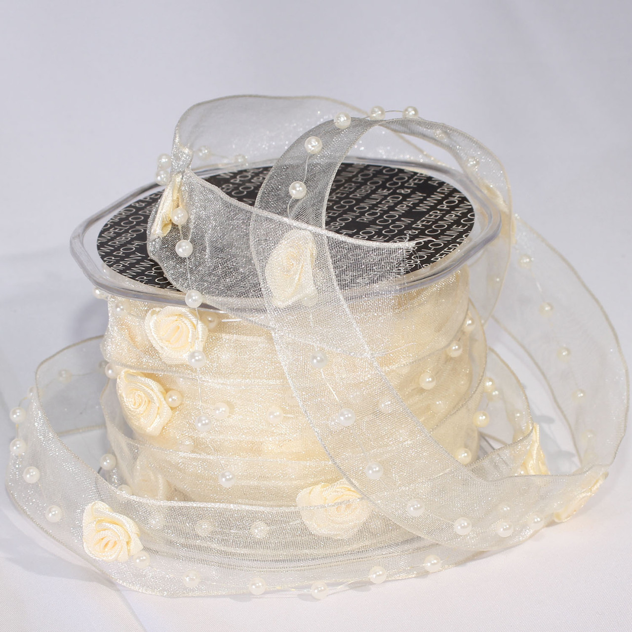 Ivory Organdy Roses & Pearls Wired Craft Ribbon 1" x 20 Yards ...
