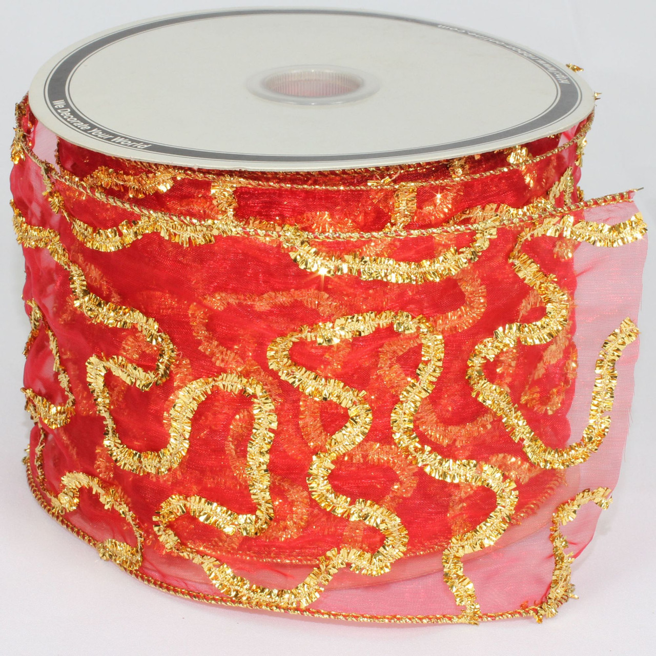 Sheer Red with Gold Swirl Wired Craft Ribbon 4" x 20 Yards | Christmas ...