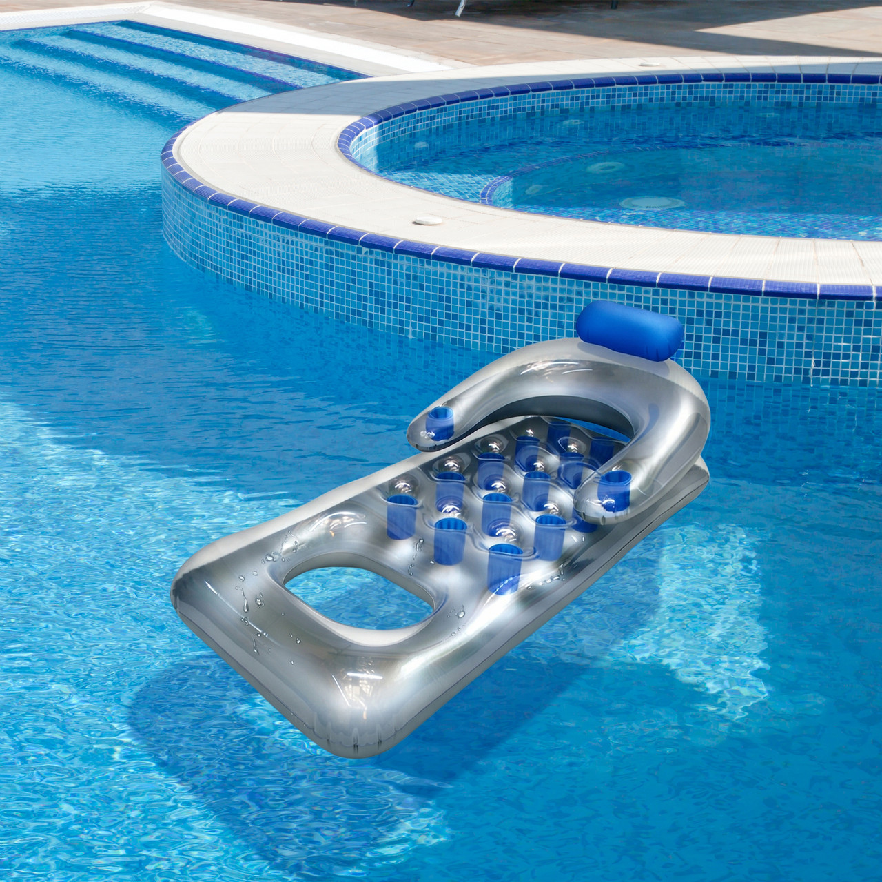 66" Inflatable Blue & Silver French Pocket Swimming Pool Lounger ...