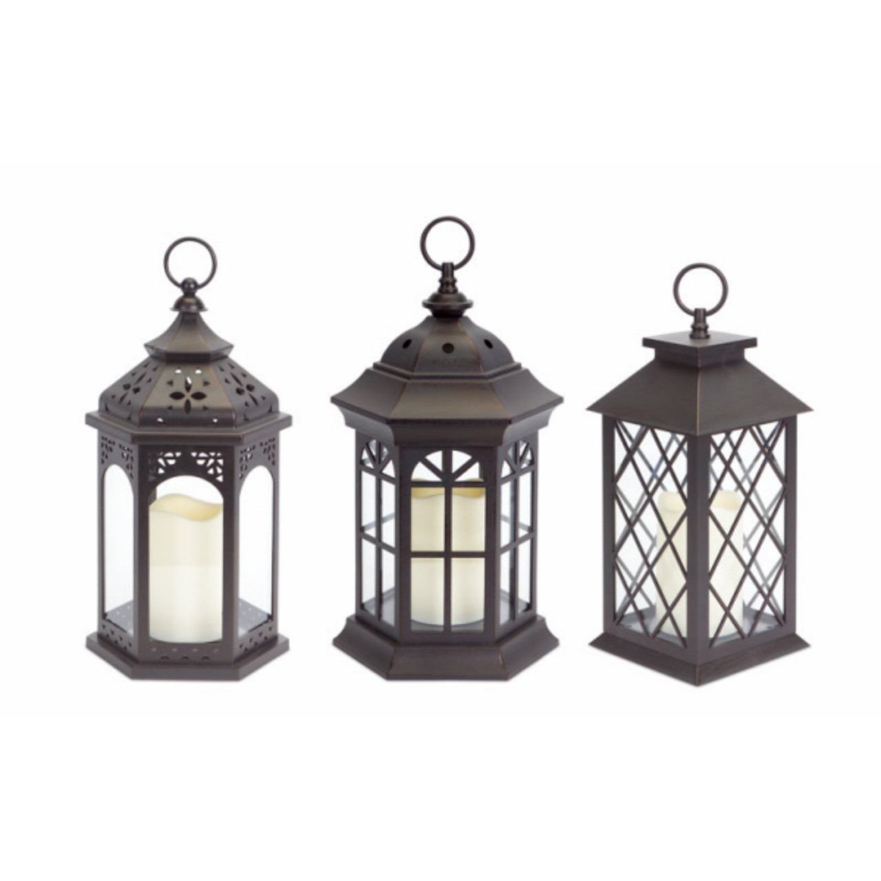 Battery Operated LED Candle Lanterns - 15" - Brown - Set of 3 ...