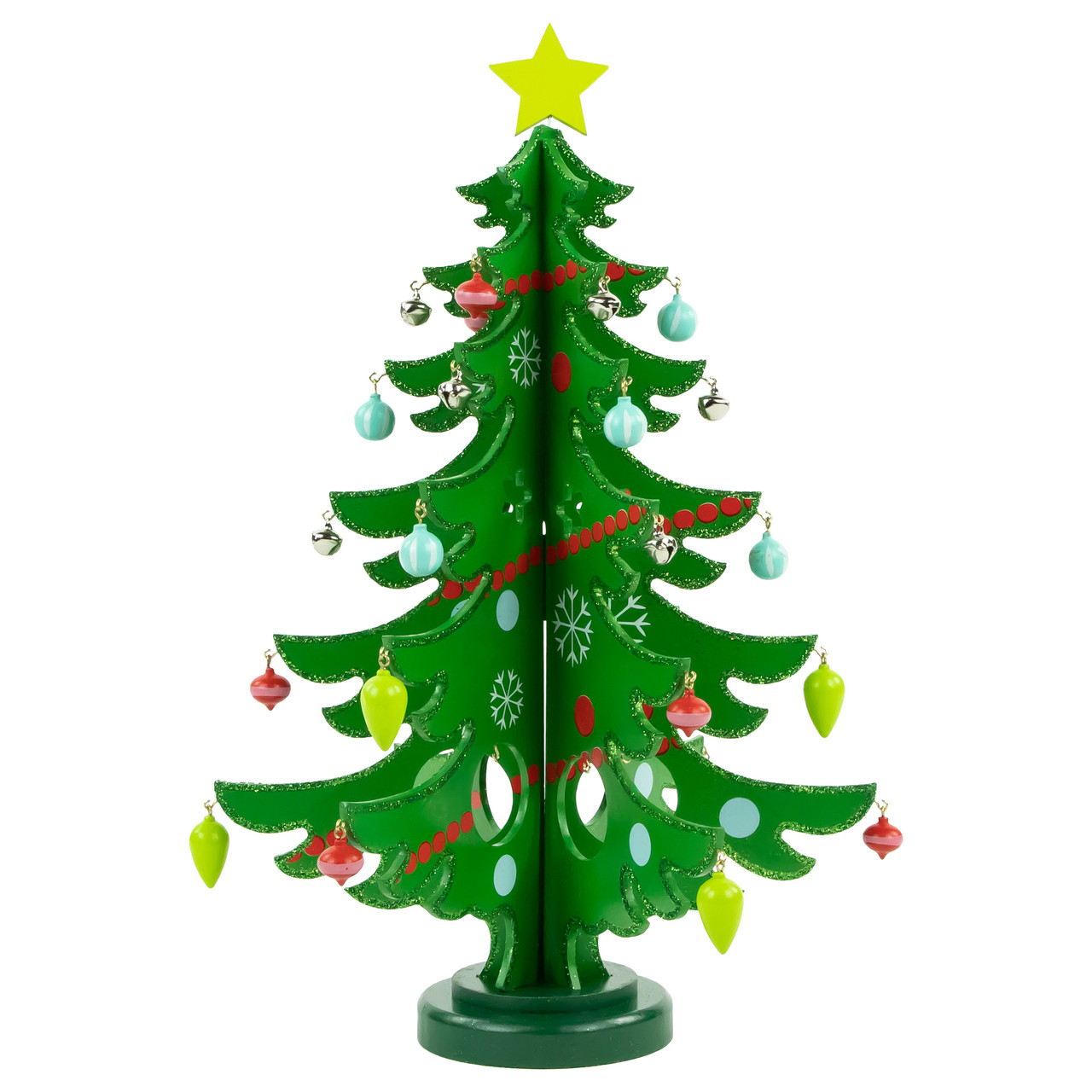 3-D Wooden Christmas Tree with Ornaments Decoration - 13.75" - Green ...
