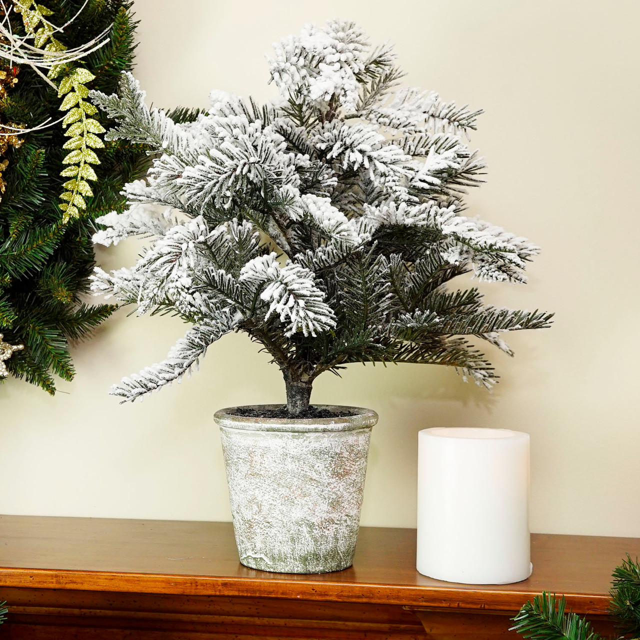 20" Flocked White & Green Artificial Pine Tree with a Pot | Christmas ...