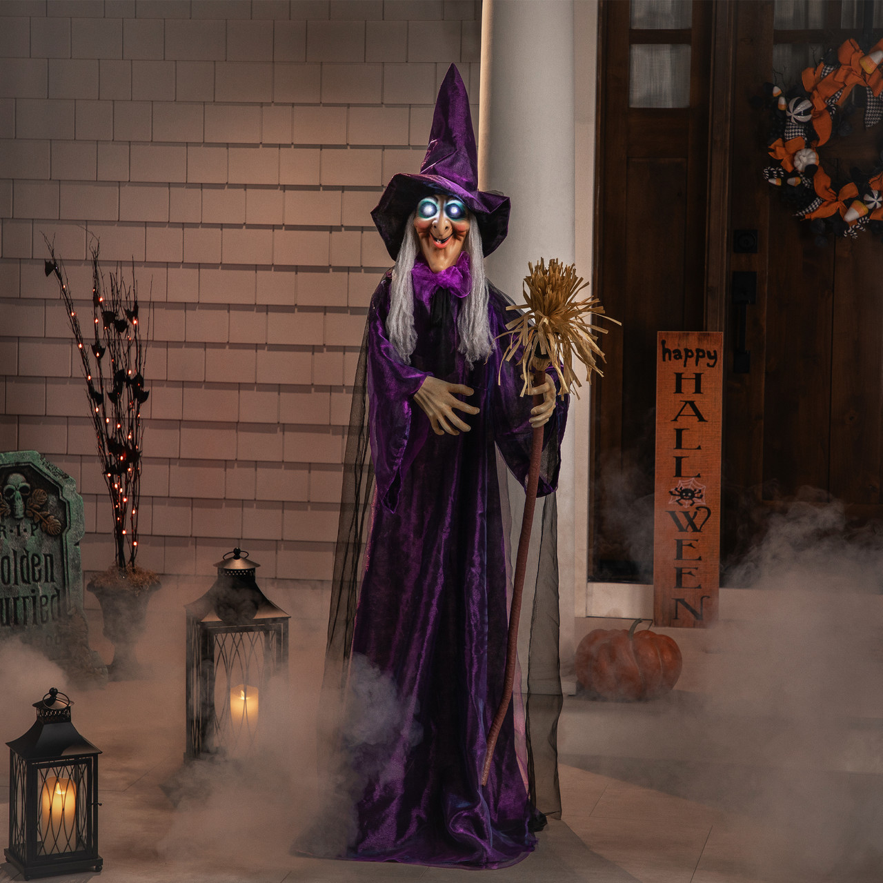 66" Animated Standing Witch & Broomstick Halloween Figure Decoration ...