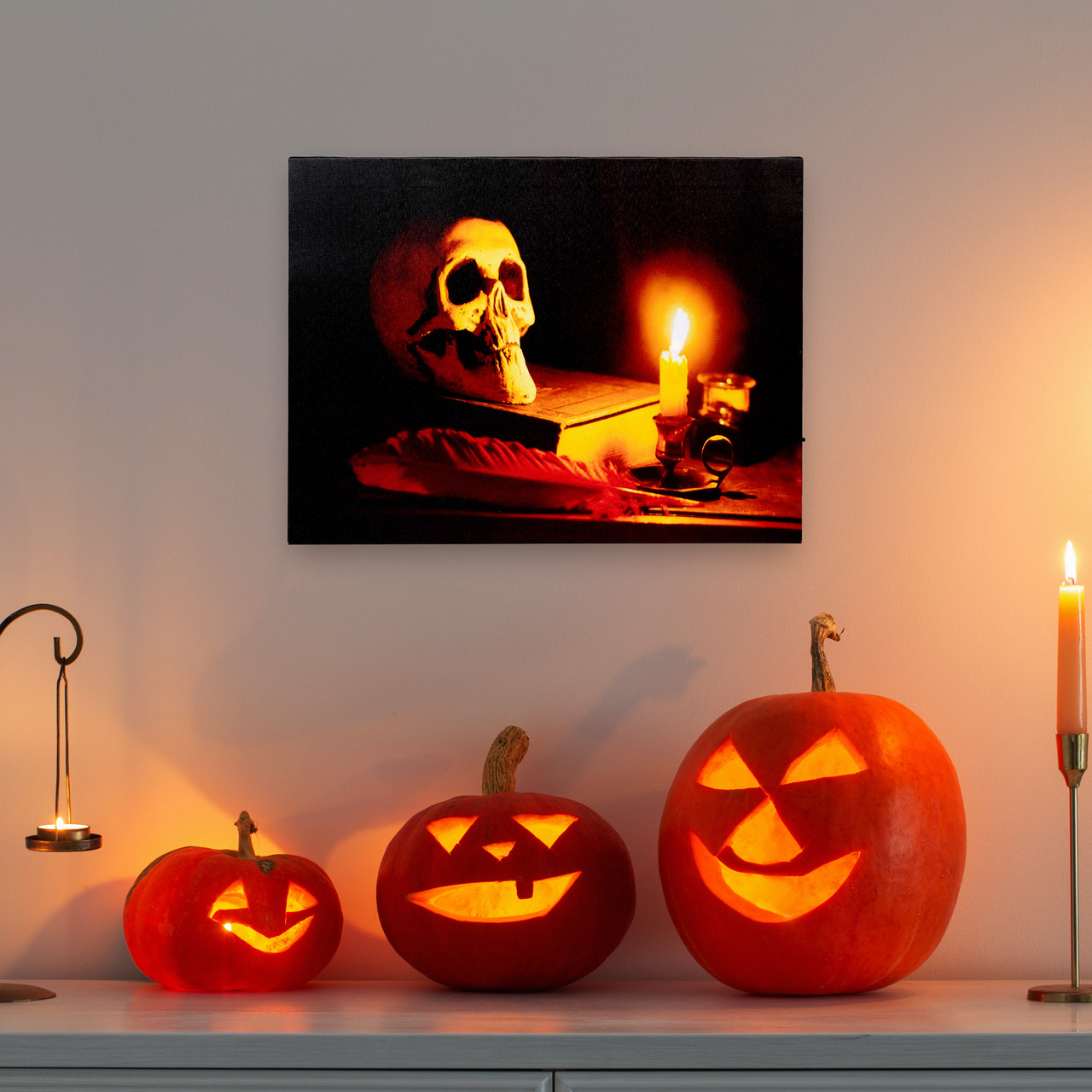 LED Lighted Skull by Flickering Candlelight Halloween Canvas Wall Art ...