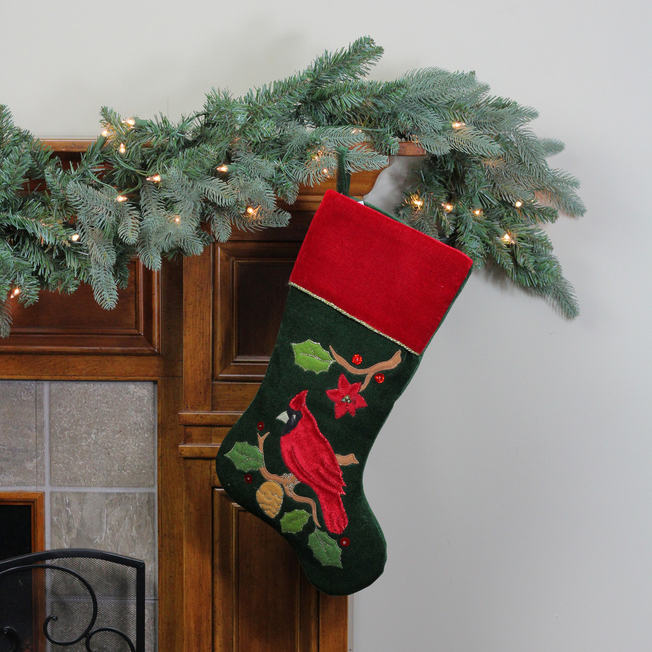 20.5" Red & Green Cardinal Embroidered Christmas Stocking | Christmas ...