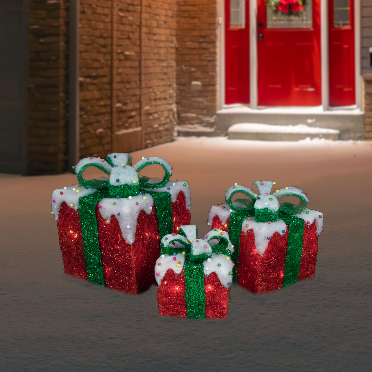 Lighted Snow & Candy Covered Sisal Gift Boxes Outdoor Christmas ...