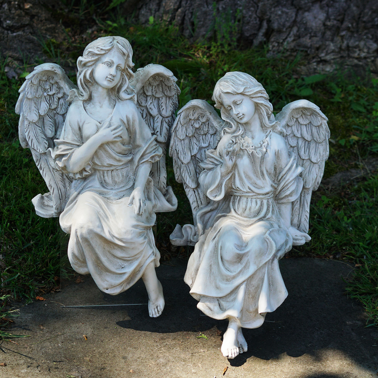 Set of 2 Decorative Sitting Angel Outdoor Garden Statues 14 ...