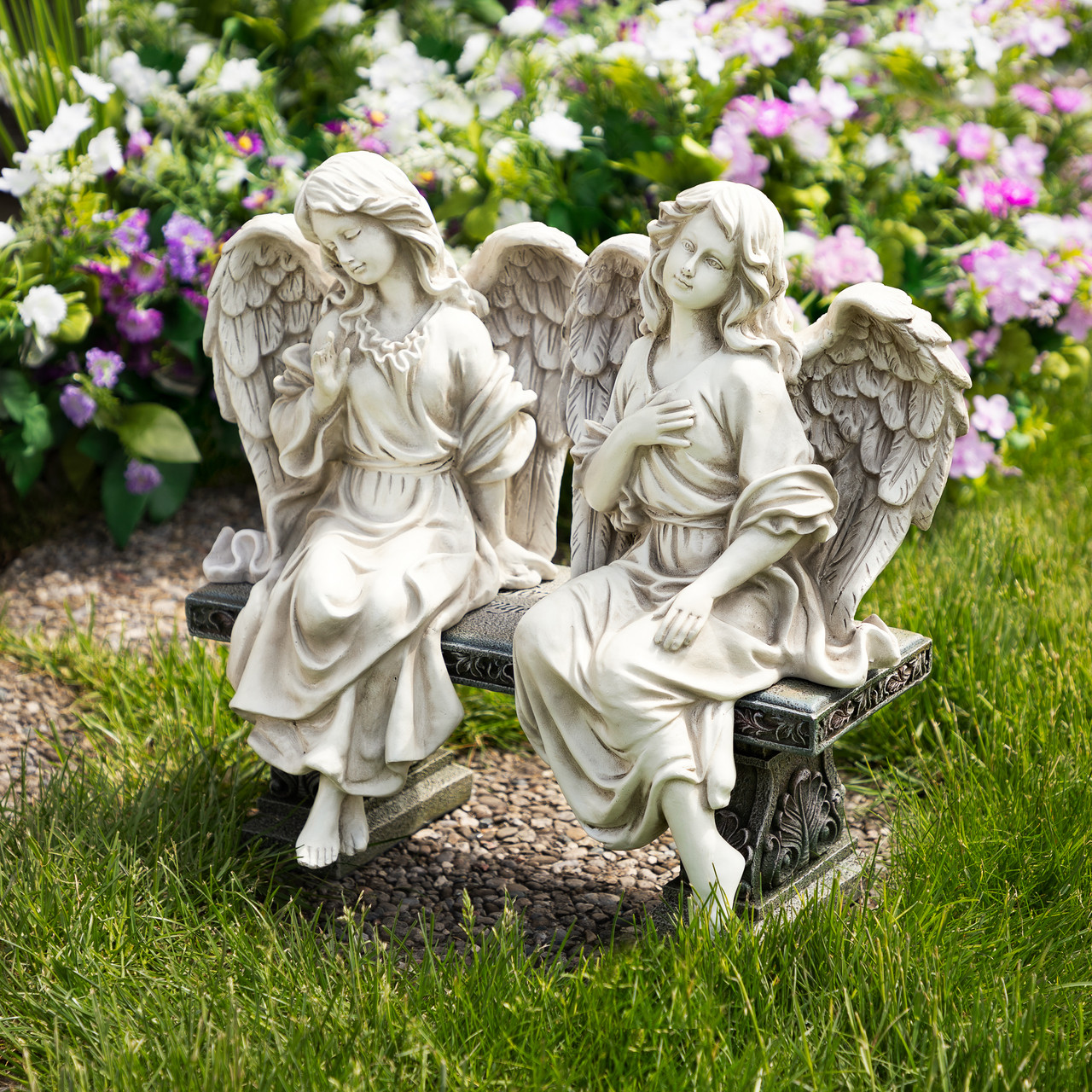 Set of 2 Decorative Sitting Angel Garden Statues 14" | Christmas Central
