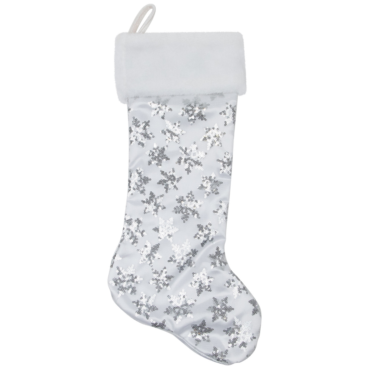 19 White & Silver Sequin Snowflake Christmas Stocking | Christmas Central