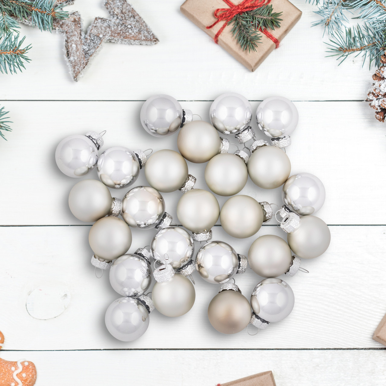 24ct Silver 2-Finish Glass Christmas Ball Ornaments 1" (25mm ...
