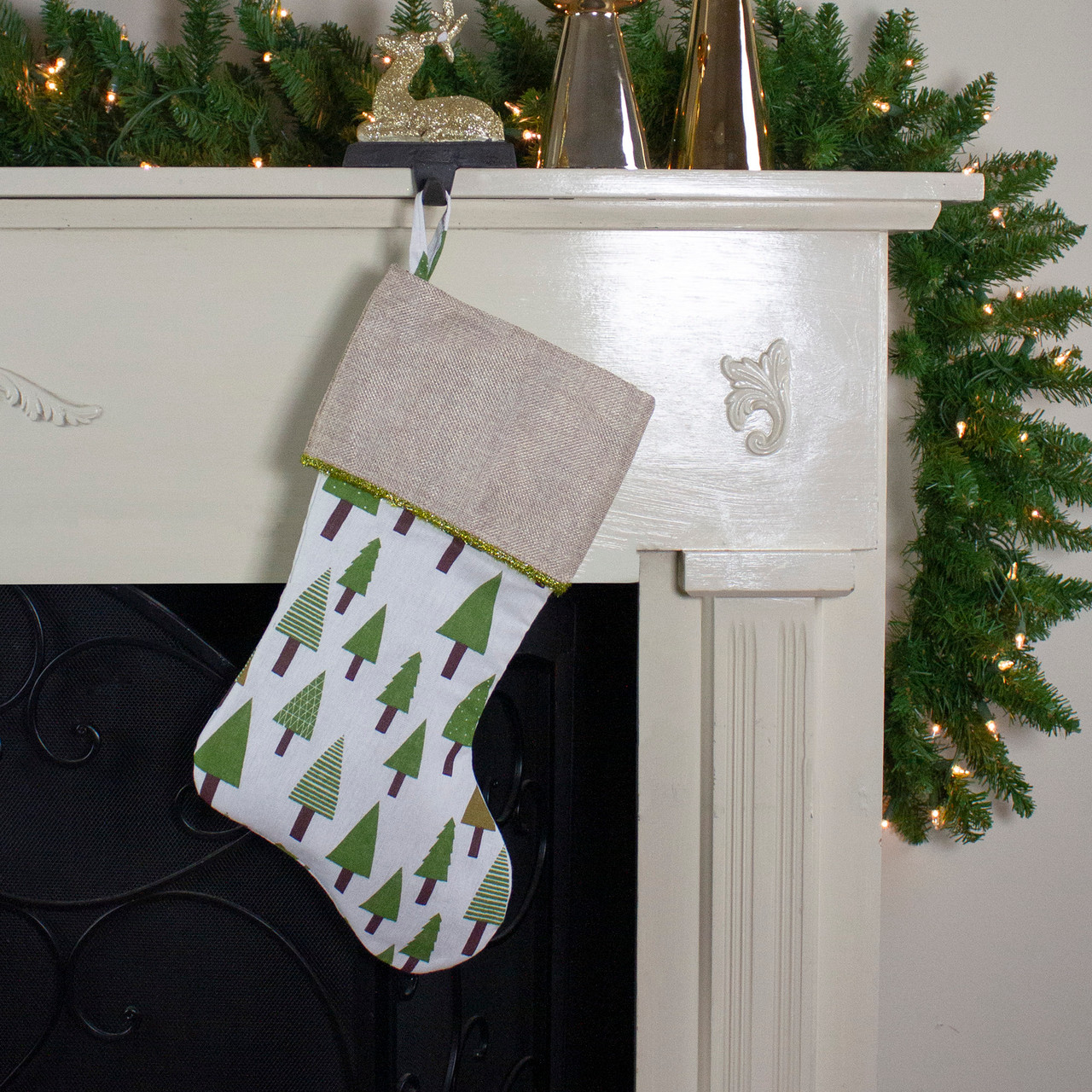 Woodland Trees Christmas Stocking - 19" - Green & White | Christmas Central