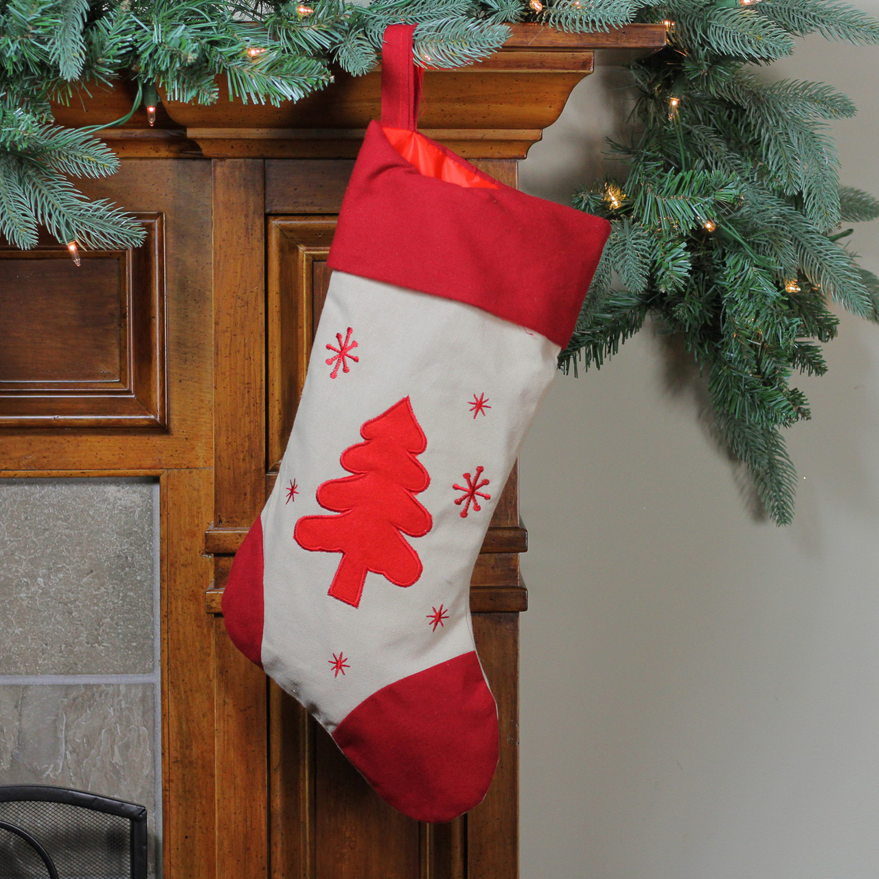 18" Red & Ivory Tree with Snowflakes Christmas Stocking | Christmas Central