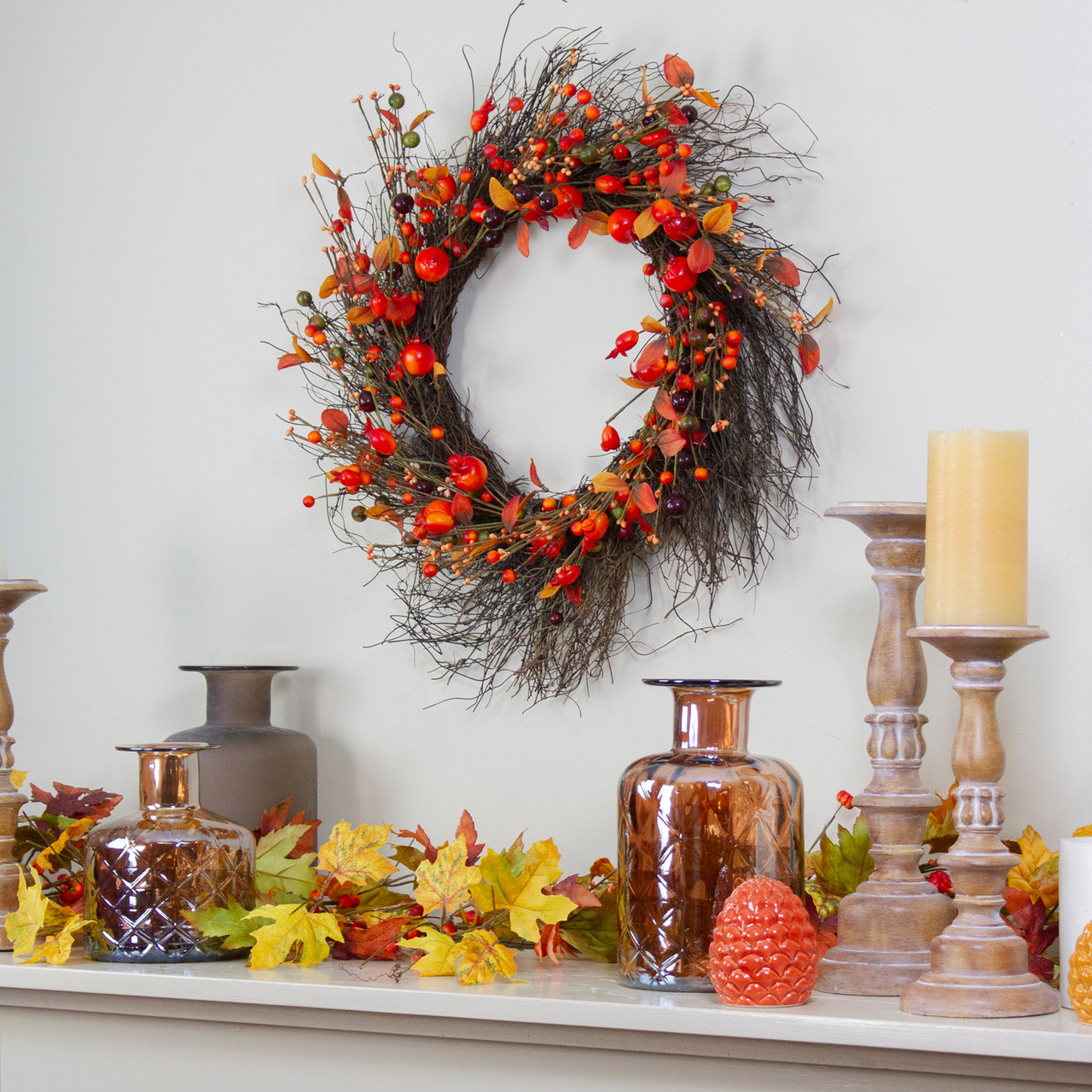 Leaves & Berries Artificial Fall Harvest Twig Wreath - 24 inch, Unlit ...