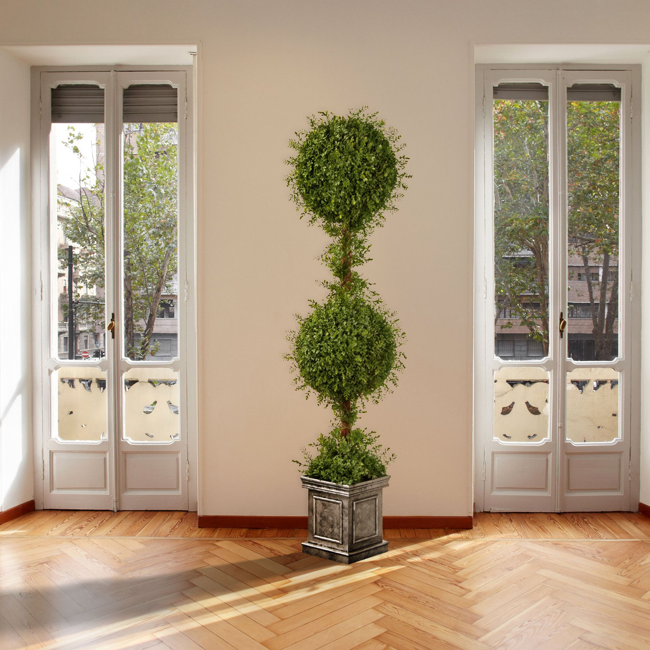 60" Potted Artificial Silver Mini Tea Leaf Ball Topiary | Christmas Central