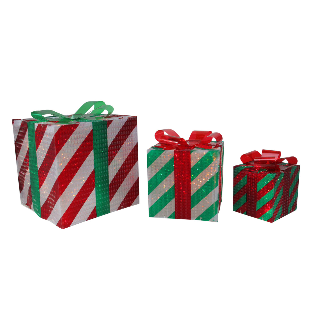 Set of 3 Red & Green Striped Gift Boxes Outdoor Christmas Decorations 8 ...