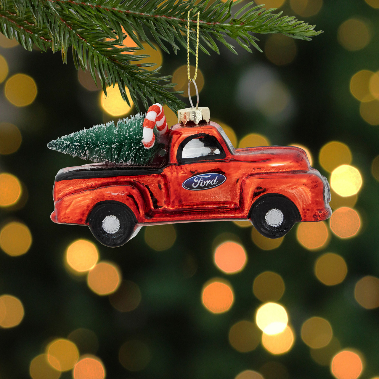 4" Red Vintage Ford Truck with Frosted Tree Glass Christmas Ornament ...