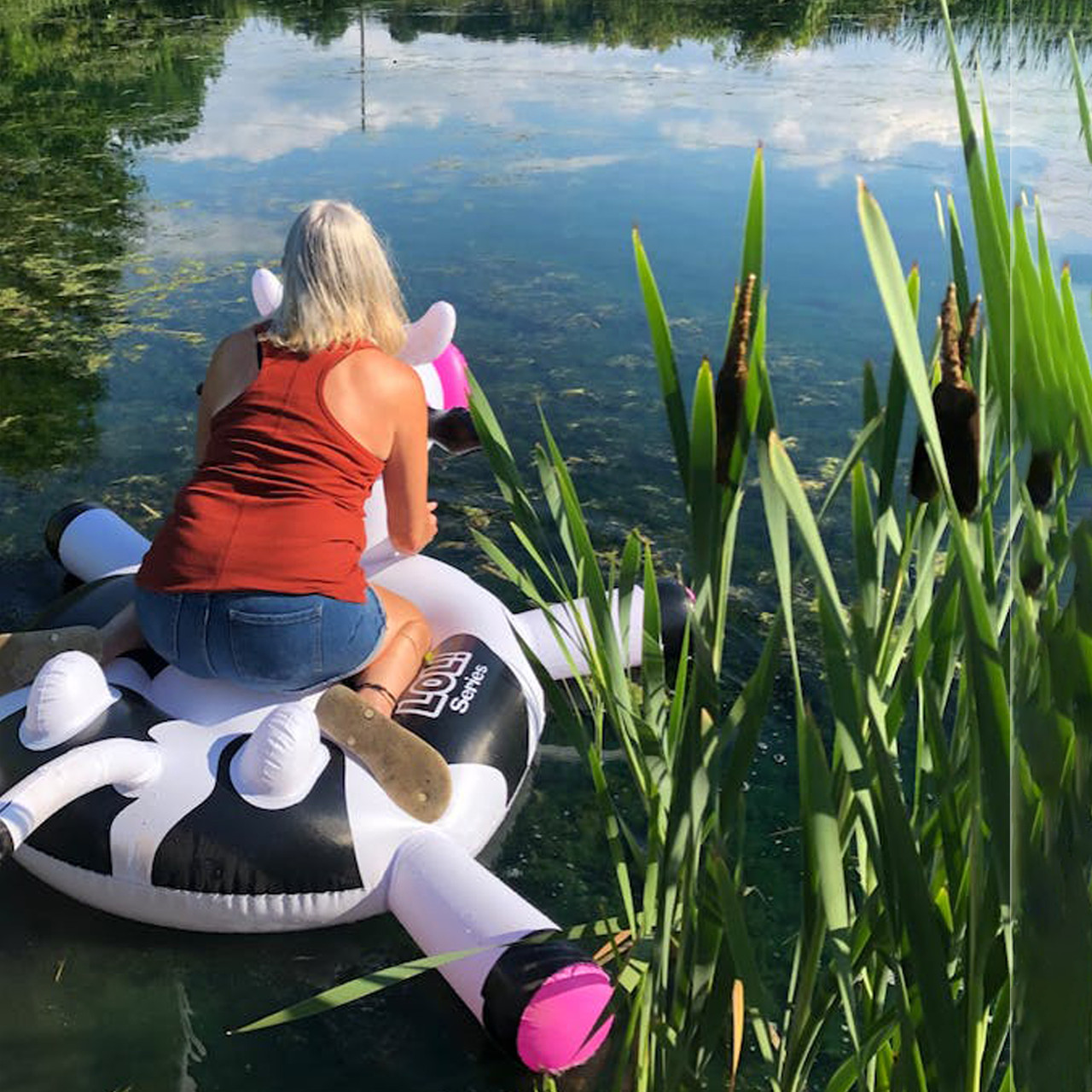 Inflatable Black & White Ride-On Cow Novelty Swimming Pool Float, 54 ...