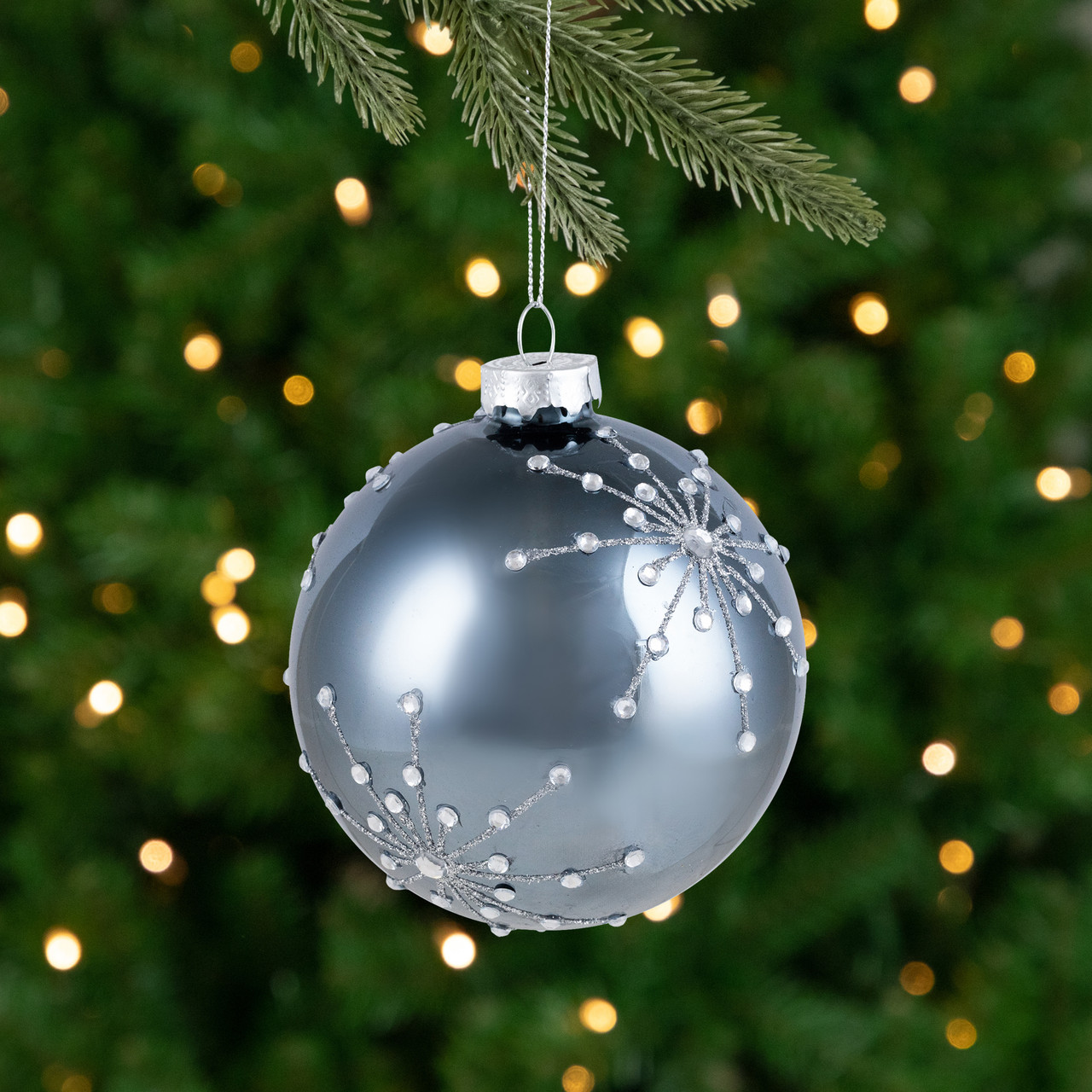 Shiny Silver Mirrored with Glitter Snowflakes Christmas Ball Ornament 4 ...