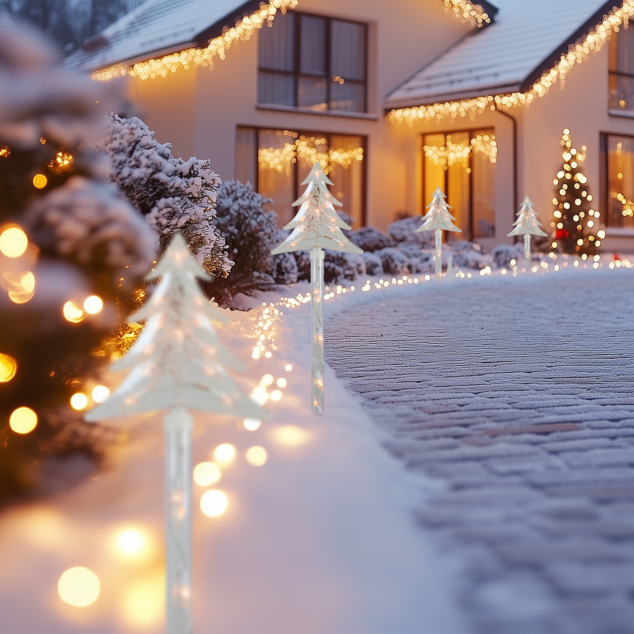 4ct Lighted Christmas Tree Pathway Marker with Lawn Stakes White Wire ...
