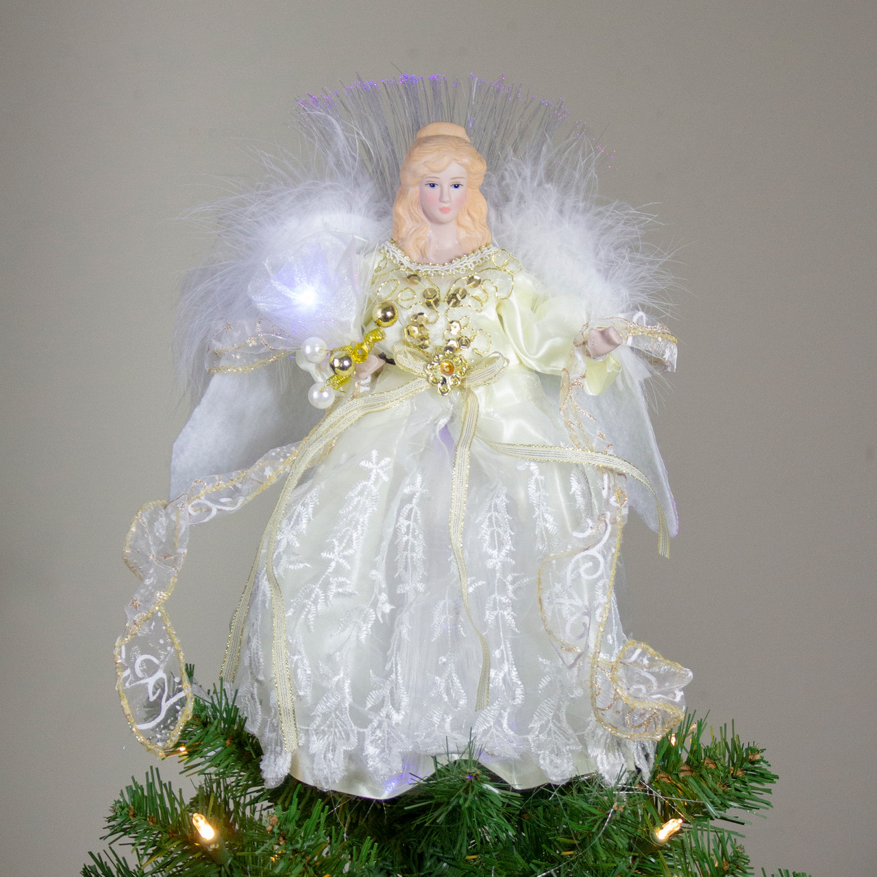 12" Elegant Cream & White LED Light Angel Christmas Tree Topper ...