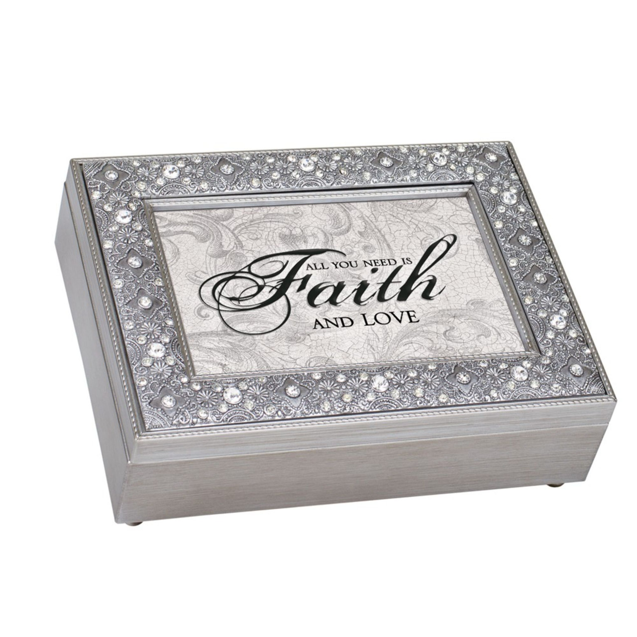 8' Silver Colored "All You Need Faith & Love" Filigree Music Box ...