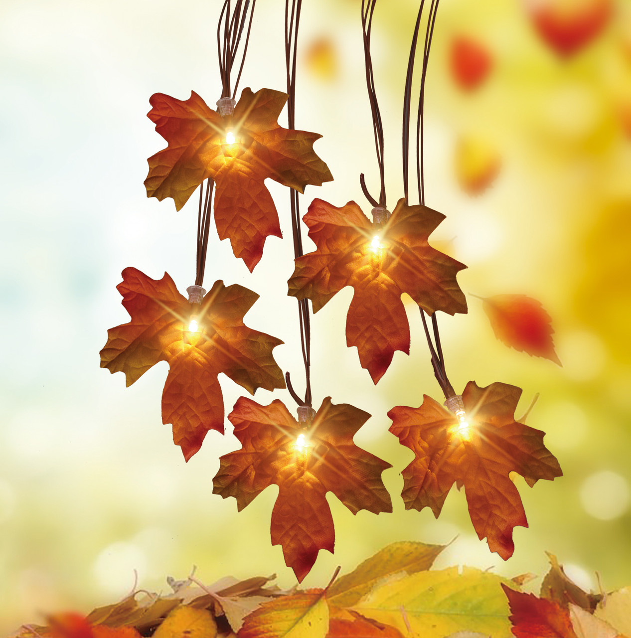 20 Warm White LED Maple Leaf Autumn Harvest B/O Lights - 10ft Brown ...