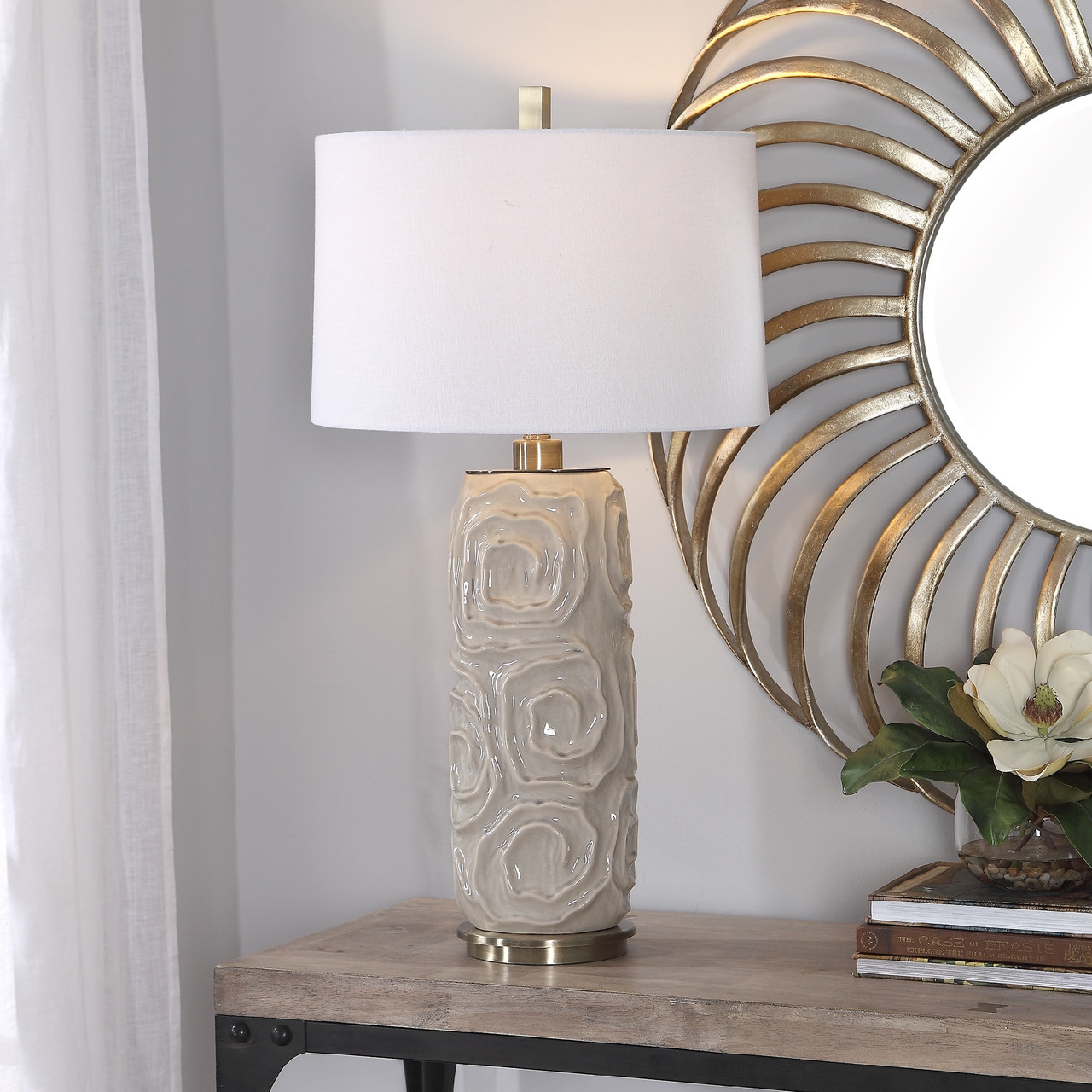 33” Warm Gray Geometric Patterned Table Lamp with Matching Lamp Shade ...