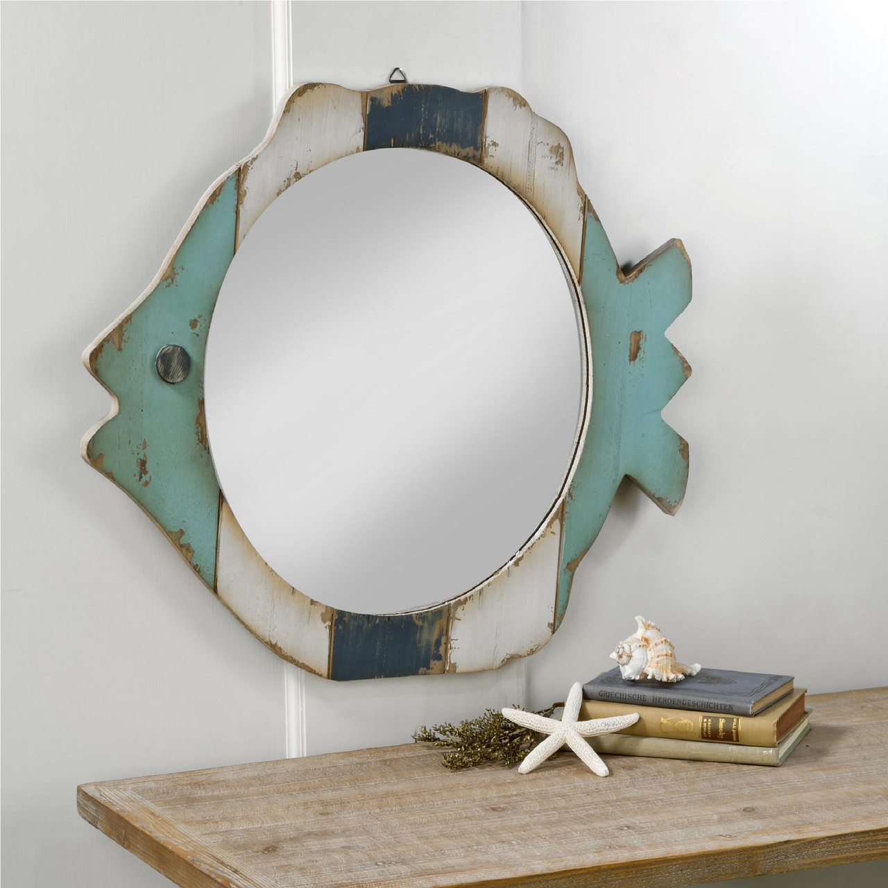 25.25" Blue & White Fish Frame Wall Hanging Mirror | Christmas Central