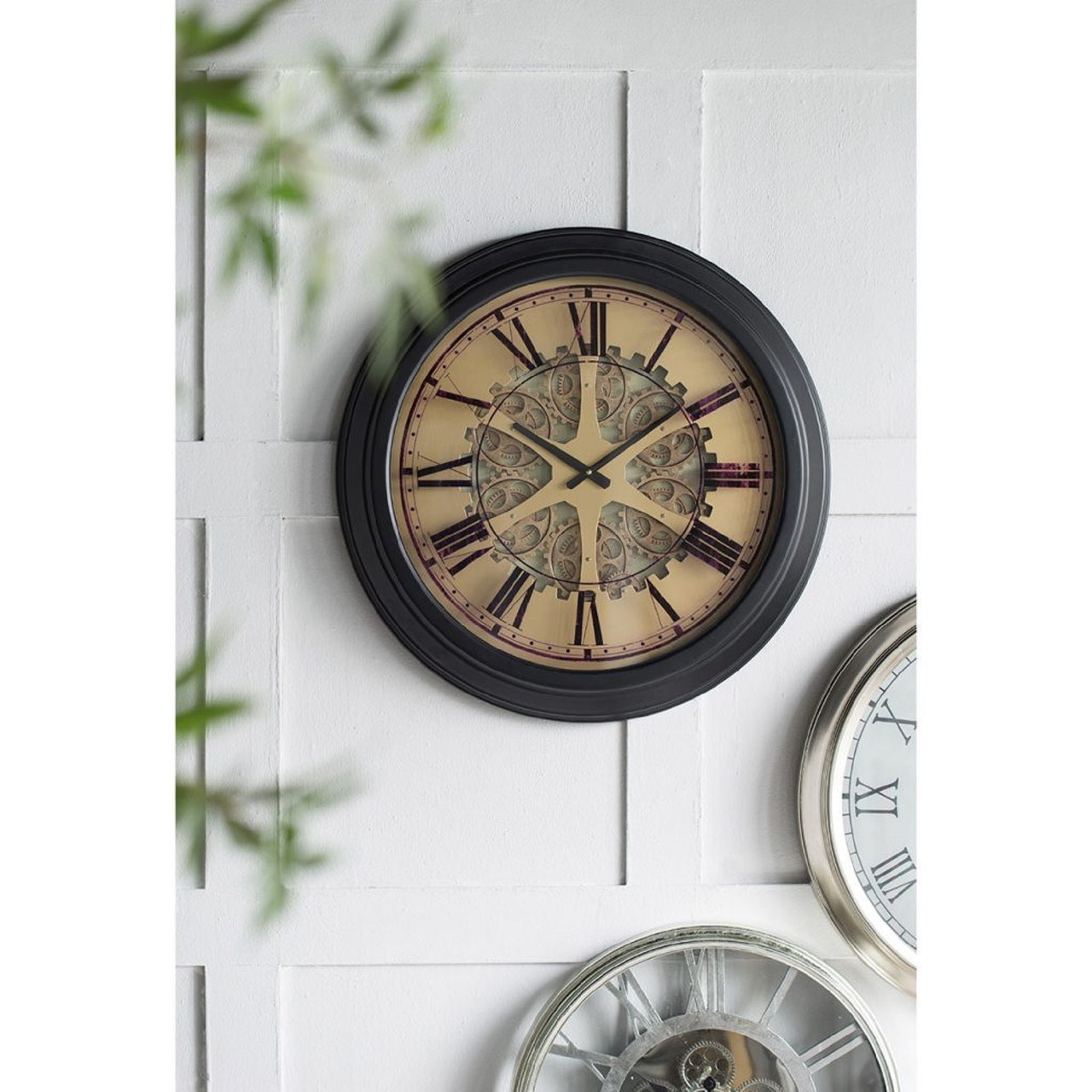 26" Black & Yellow Classic Gears Round Roman Numeral Wall Clock ...