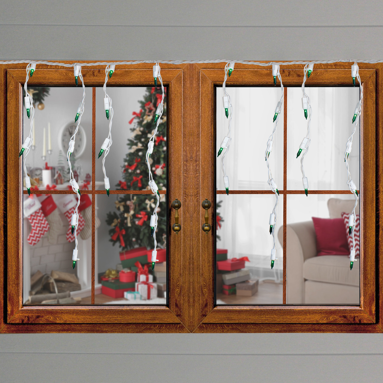 Set of 100 Green Icicle Christmas Lights - 7.8 ft White Wire ...