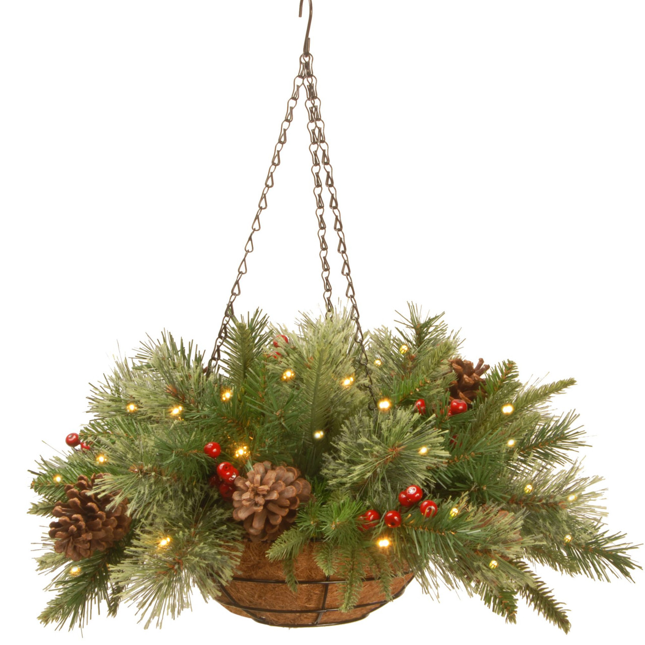 20" Green & Red Battery Operated LED Lighted Colonial Hanging Basket ...