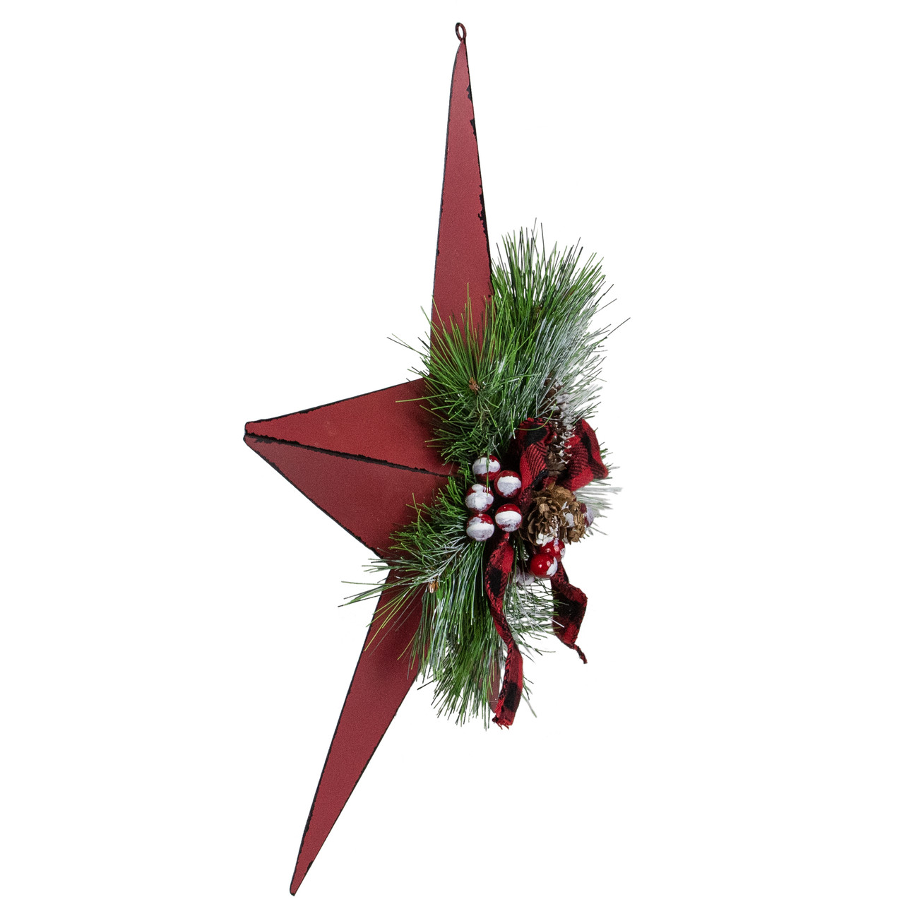 17" Red distressed 5 point Christmas Star With Plaid Ribbon with ...
