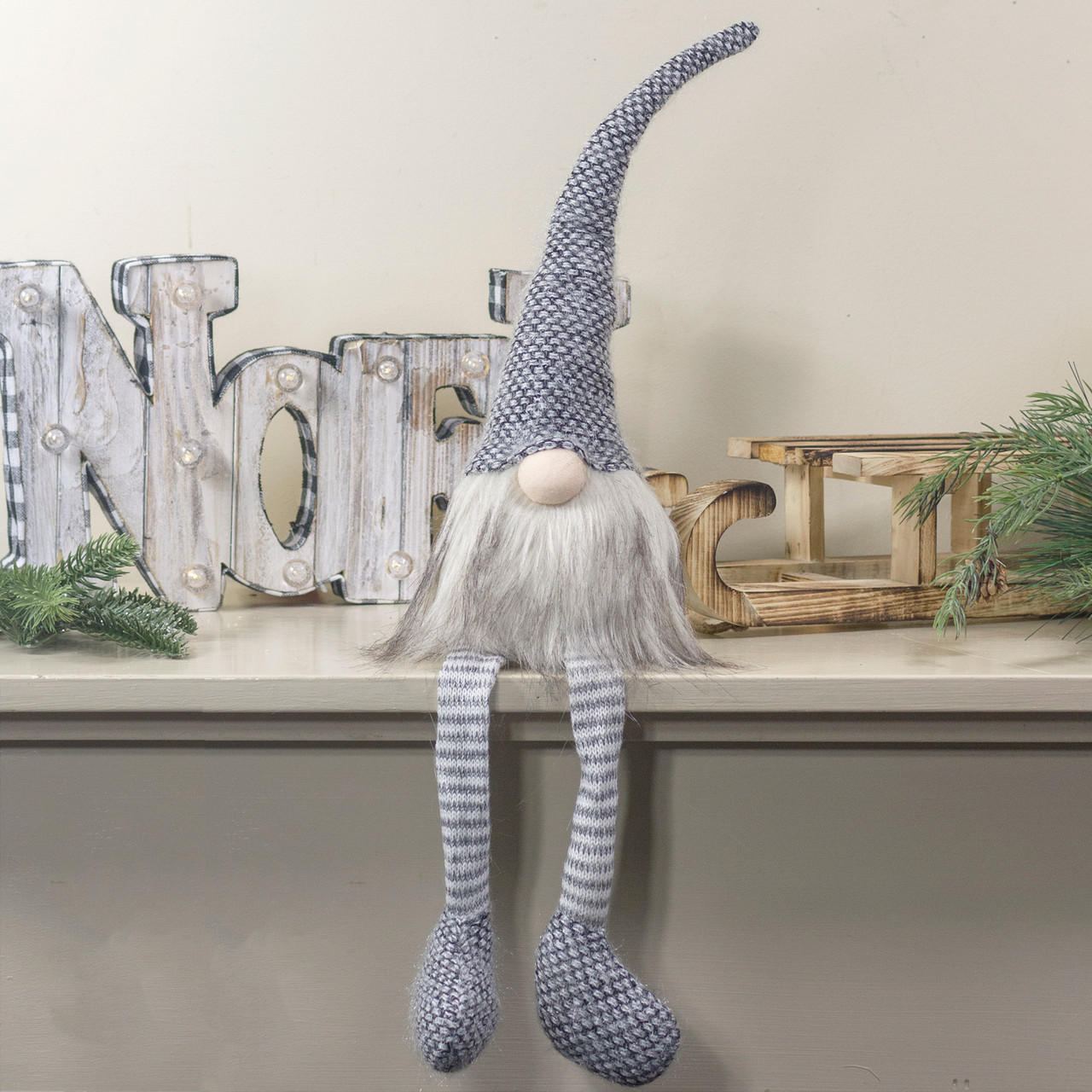 15" Beige & Gray Plush Sitting Elf Tabletop Christmas Decoration ...