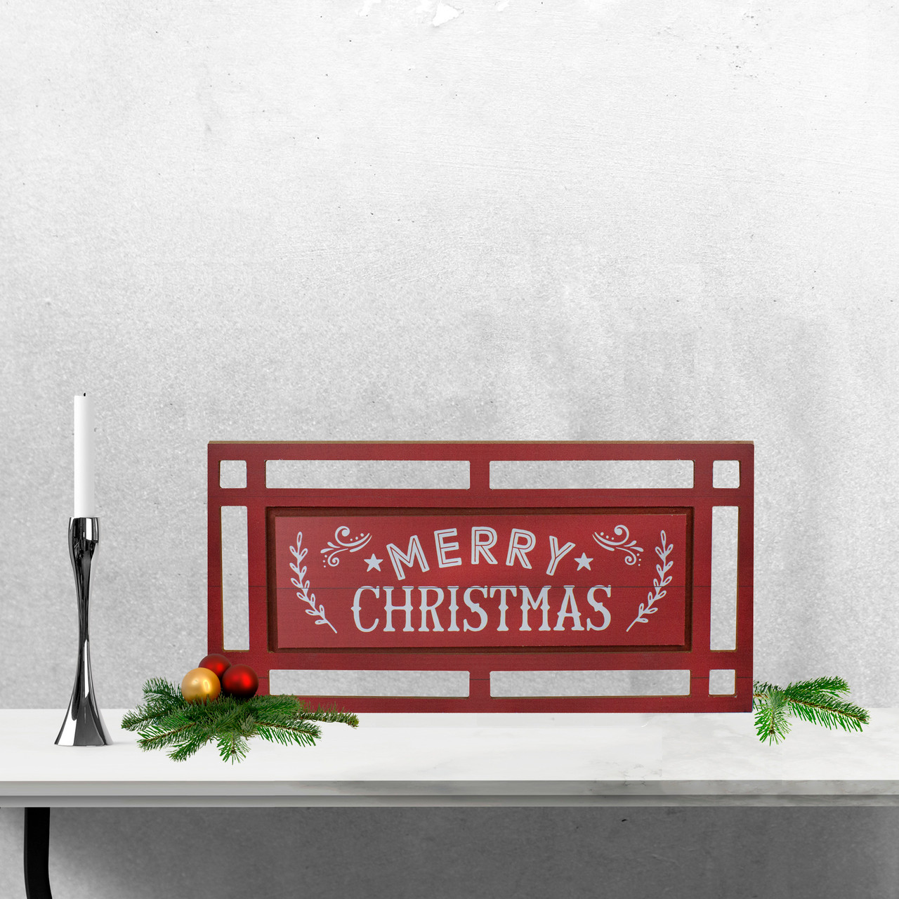 24” Red & White Merry Christmas Rectangular Carved Wooden Wall Sign ...